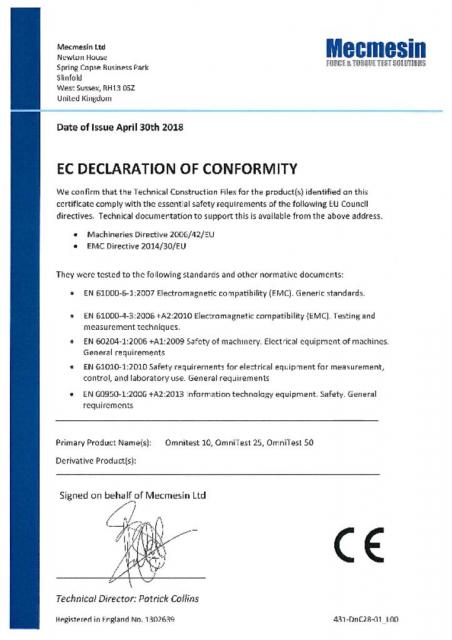 EC Declaration of Conformity, OmniTest 10, 25 and 50 | Mecmesin Support