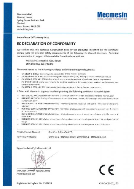 EC Declaration of Conformity, OmniTest 5 and OmniTest 7.5 | Mecmesin ... EC Declaration of Conformity, OmniTest 5 and OmniTest 7.5 | Mecmesin ...